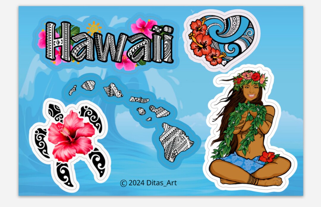 STICKER SHEET: Hawaii Honu Turtle Heart Hibiscus Hula Dancer Olapa With ...
