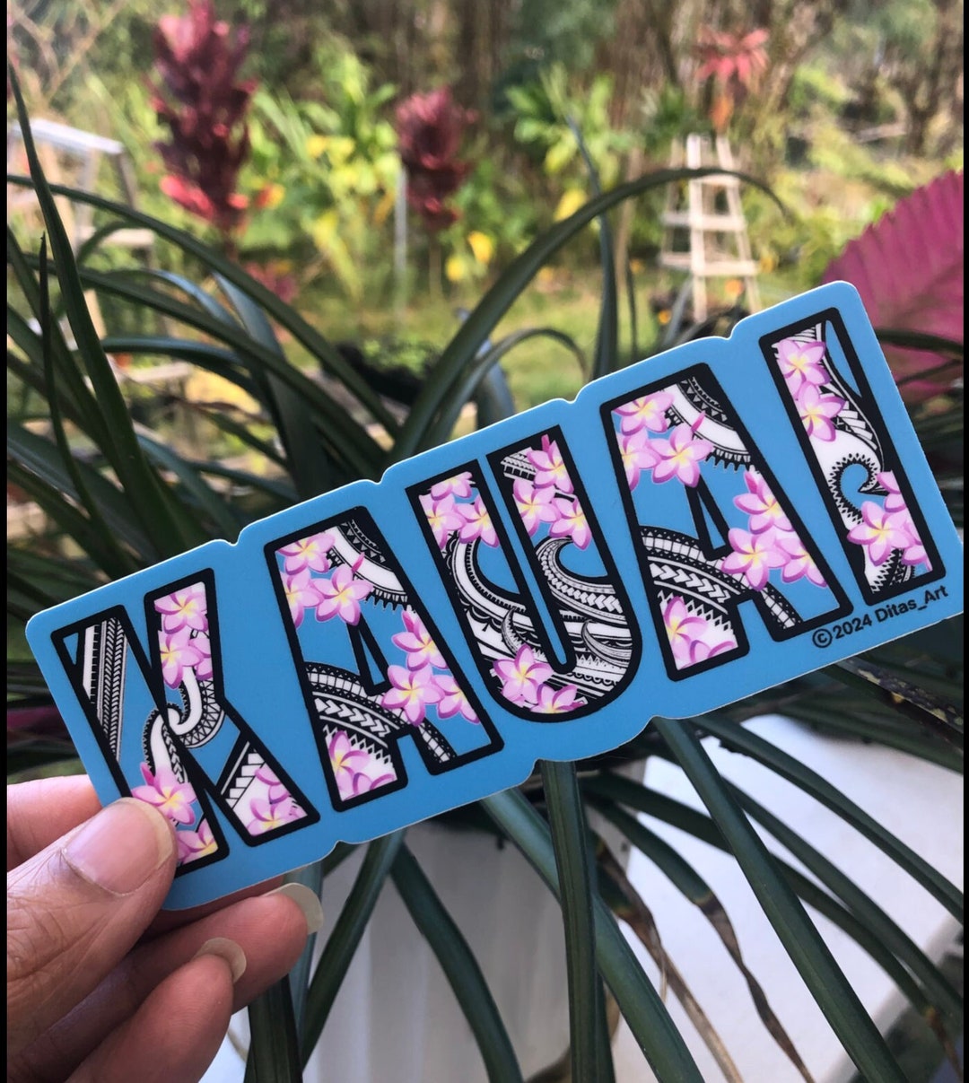 Kauai Hawaii Sticker With Pink Flowers & Polynesian Tattoo Tribal ...