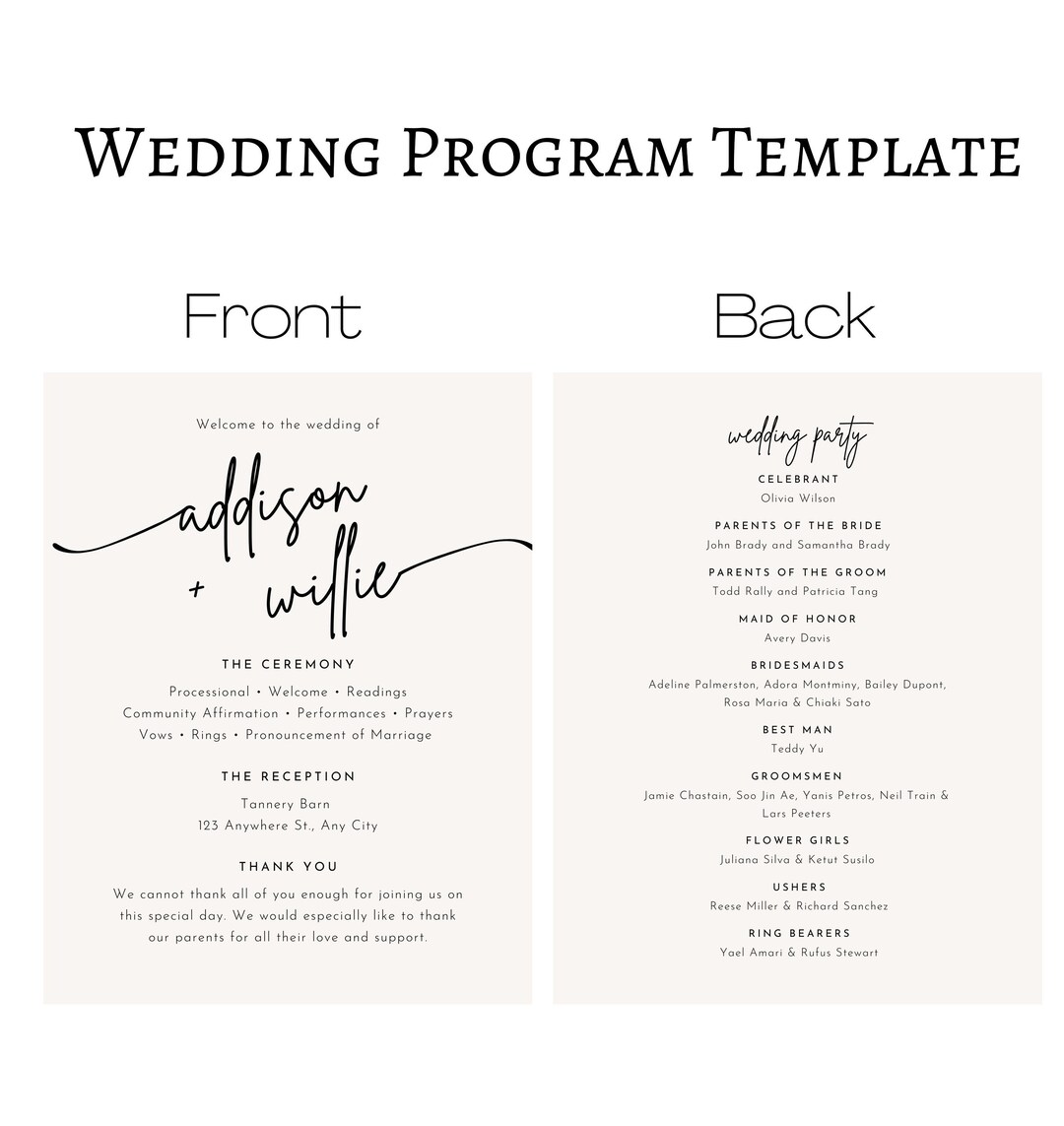 Modern Wedding Program Template, Minimalist Order of Service, Printable ...