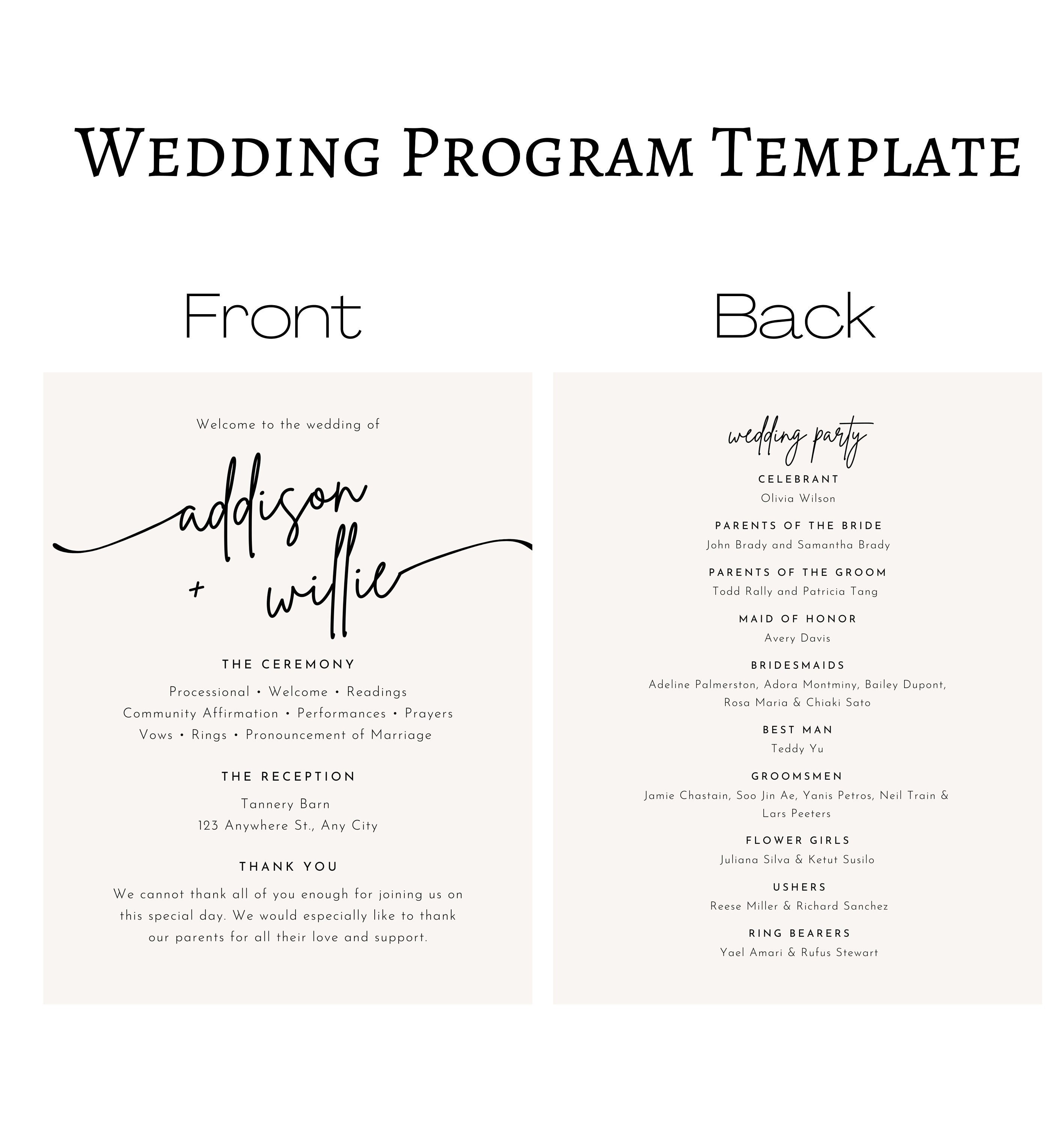 Modern Wedding Program Template, Minimalist Order of Service, Printable ...