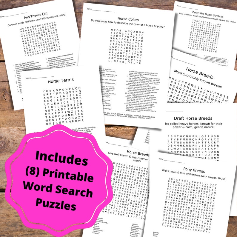 8 Fun & Educational Horse and Pony WORD SEARCH Puzzles With Answers - Etsy