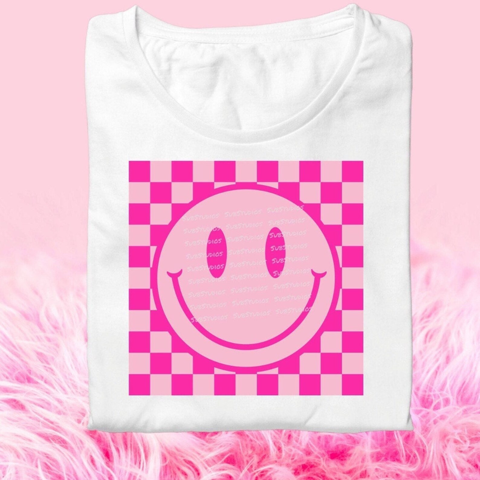 Preppy PNG Original Designer Pink Checkered Smiley Face Western Digital ...