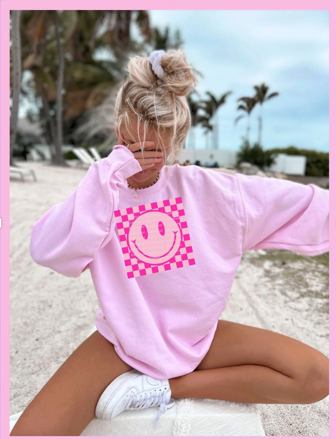 Preppy PNG Original Designer Pink Checkered Smiley Face Western Digital ...