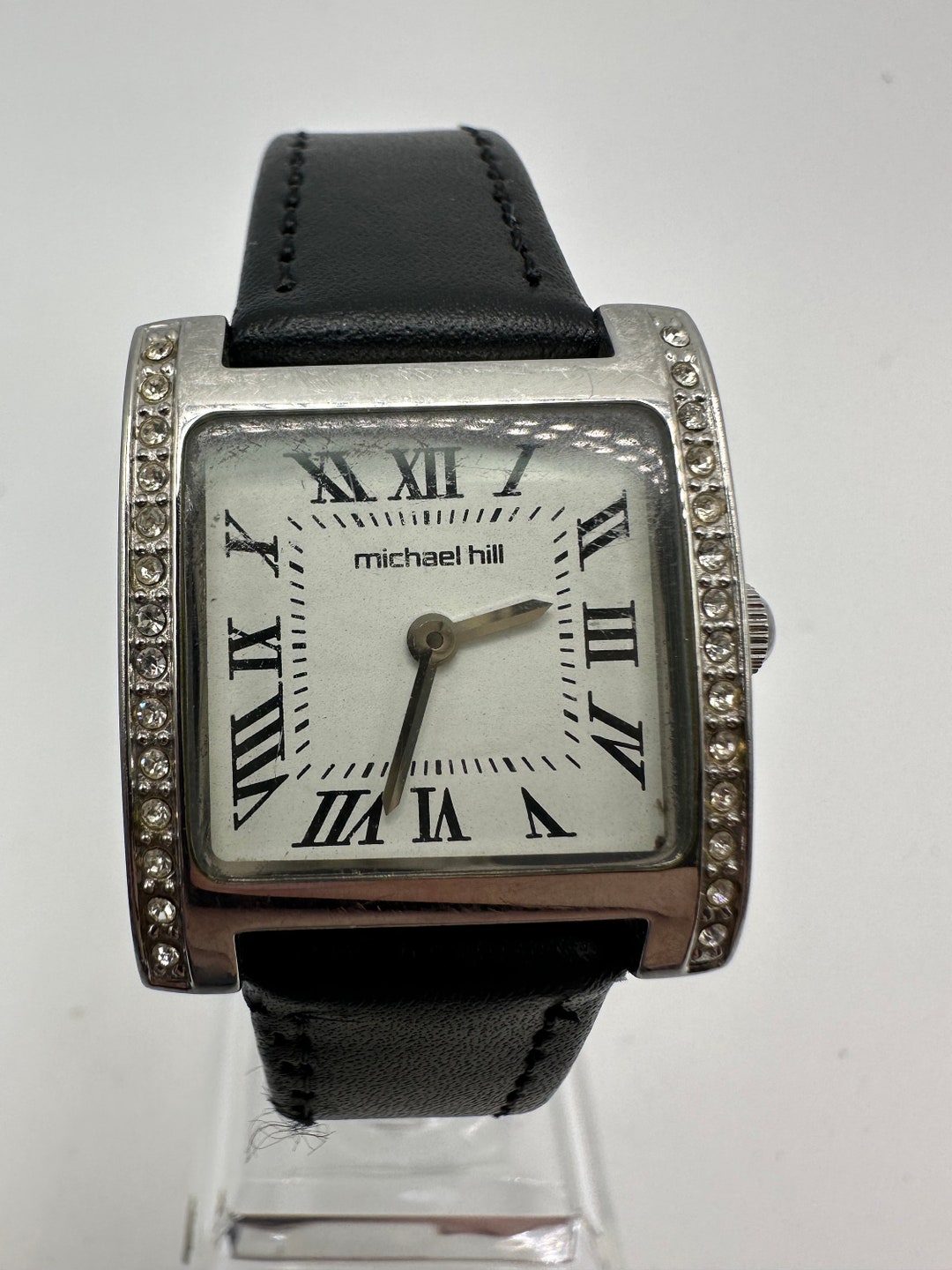 Vintage Michael Hill Ladies Silver Tank Watch White Face Roman Numerals Faux Black Leather Strap ...