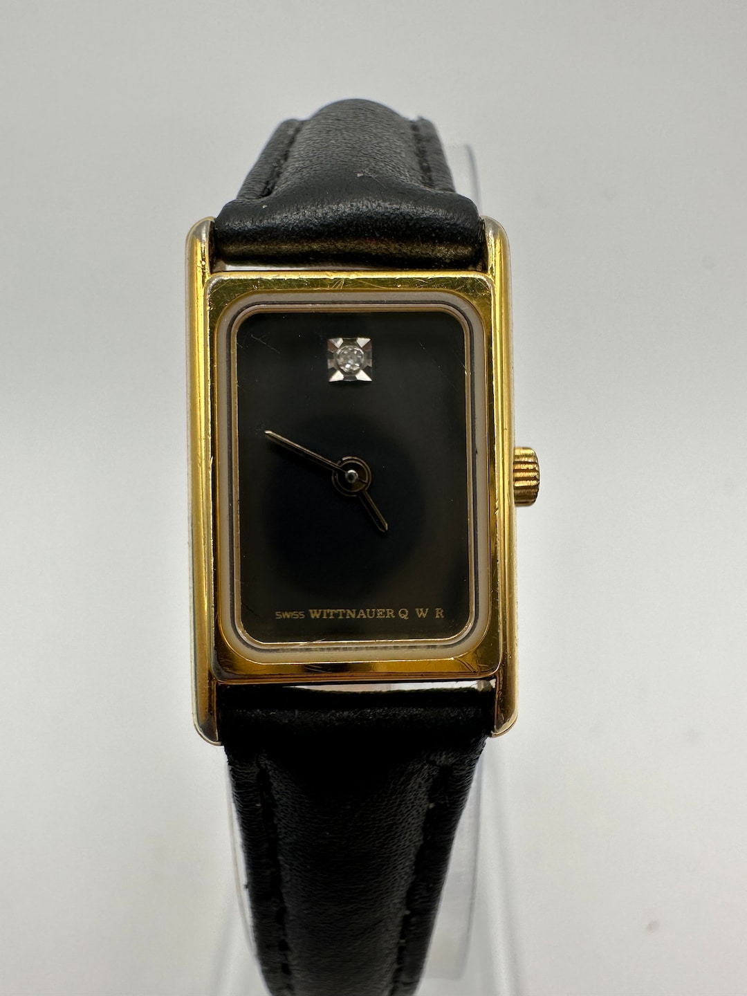 Vintage Wittnauer Ladies Gold Tone Tank Watch Black Face Swiss Made ...