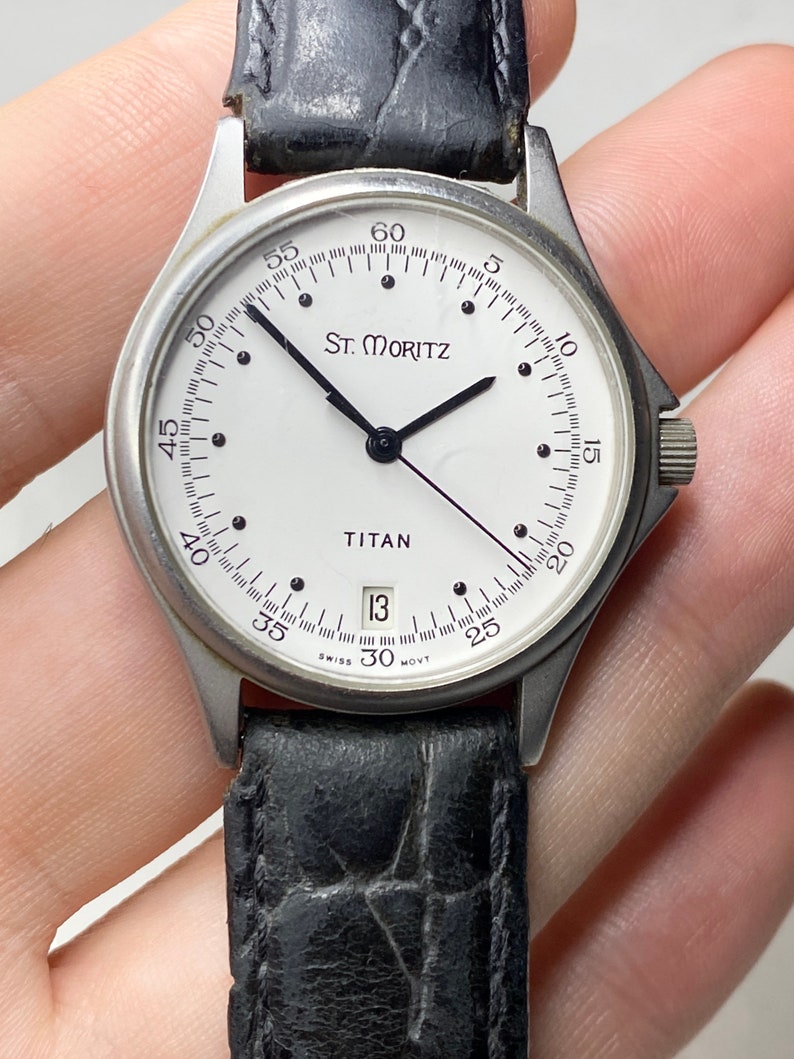 Vintage St Moritz Titan Swiss Movement 32mm Watch Black Leather Strap ...