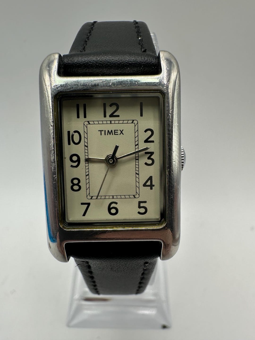 Vintage Timex Silver Tone Ladies Rectangle Tank Watch Faux Black ...