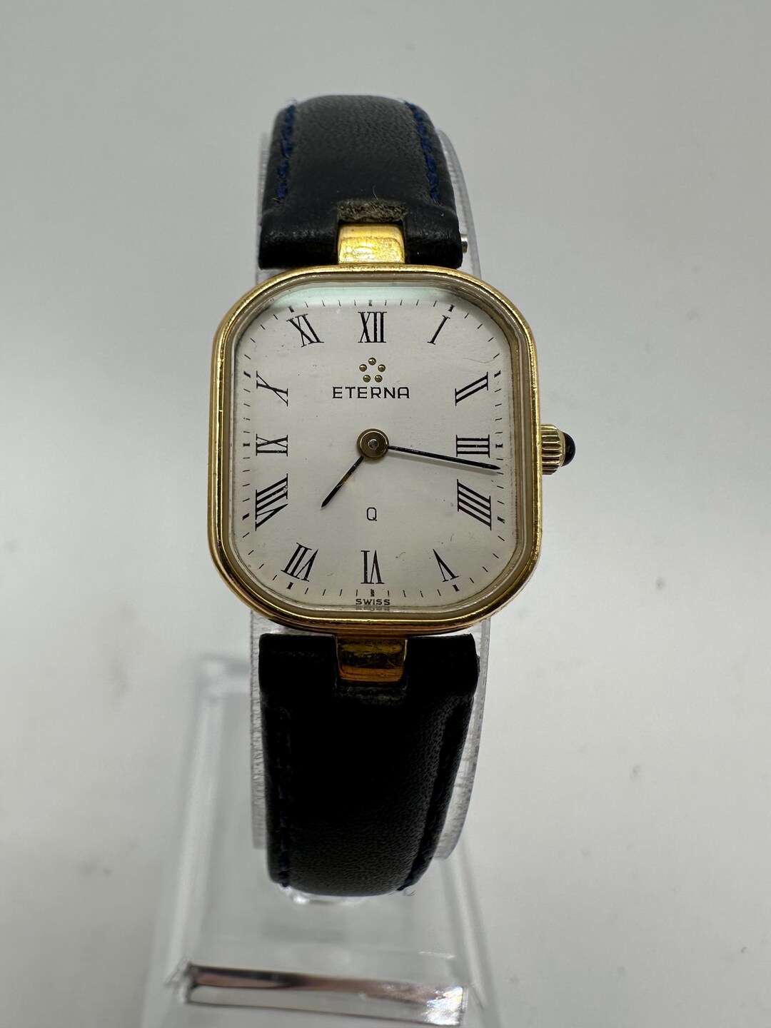 RARE Eterna Ladies Vintage Quartz Swiss Eta Gold Tone Roman Numerals Tank Watch White Face ...