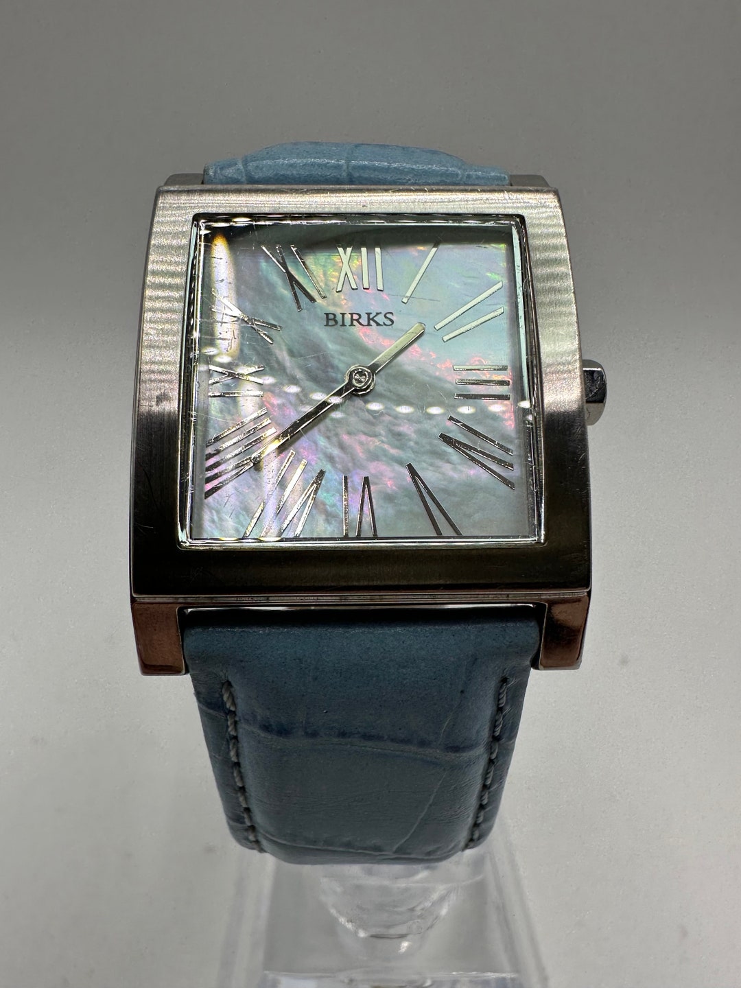 Vintage Birks Ladies Silver Tank Watch Mother of Pearl Face Blue Leather Strap Gift Her Ladies ...