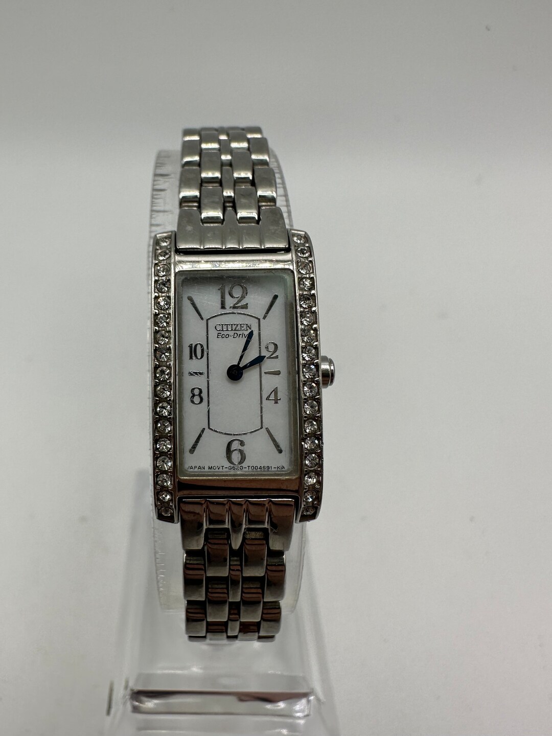 Vintage Citizen Eco Drive Ladies Silver Tank Watch Diamonds White Face Gift Her Women Mom Small ...