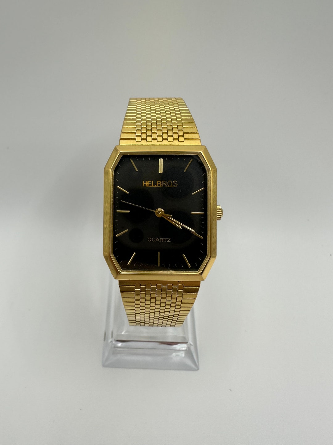 Vintage Helbros Square Quartz Gold Tone 27mm Adjustable Ladies Black ...