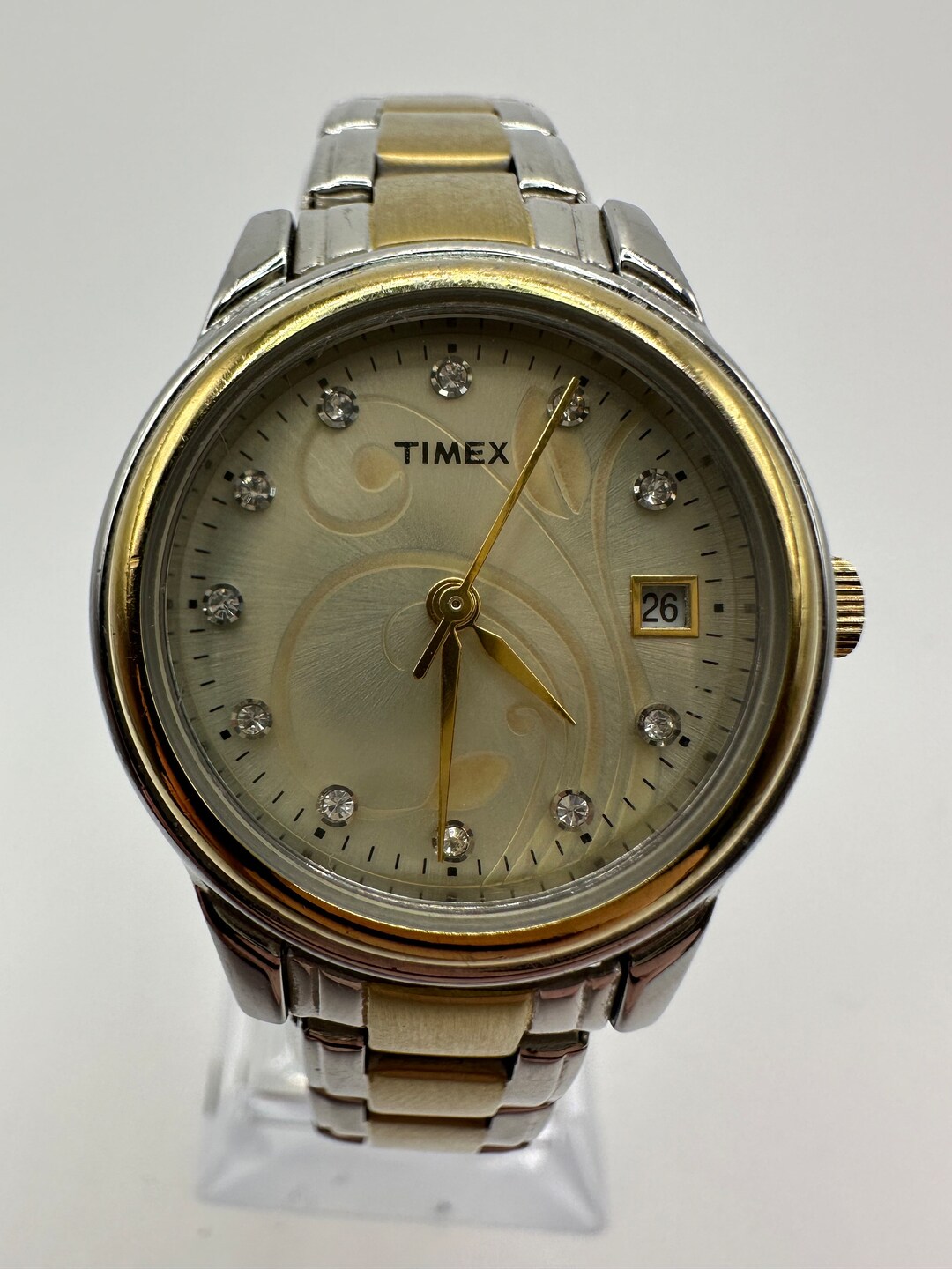 Vintage Timex Gold Silver Diamond Ladies Quartz Date Watch Floral ...