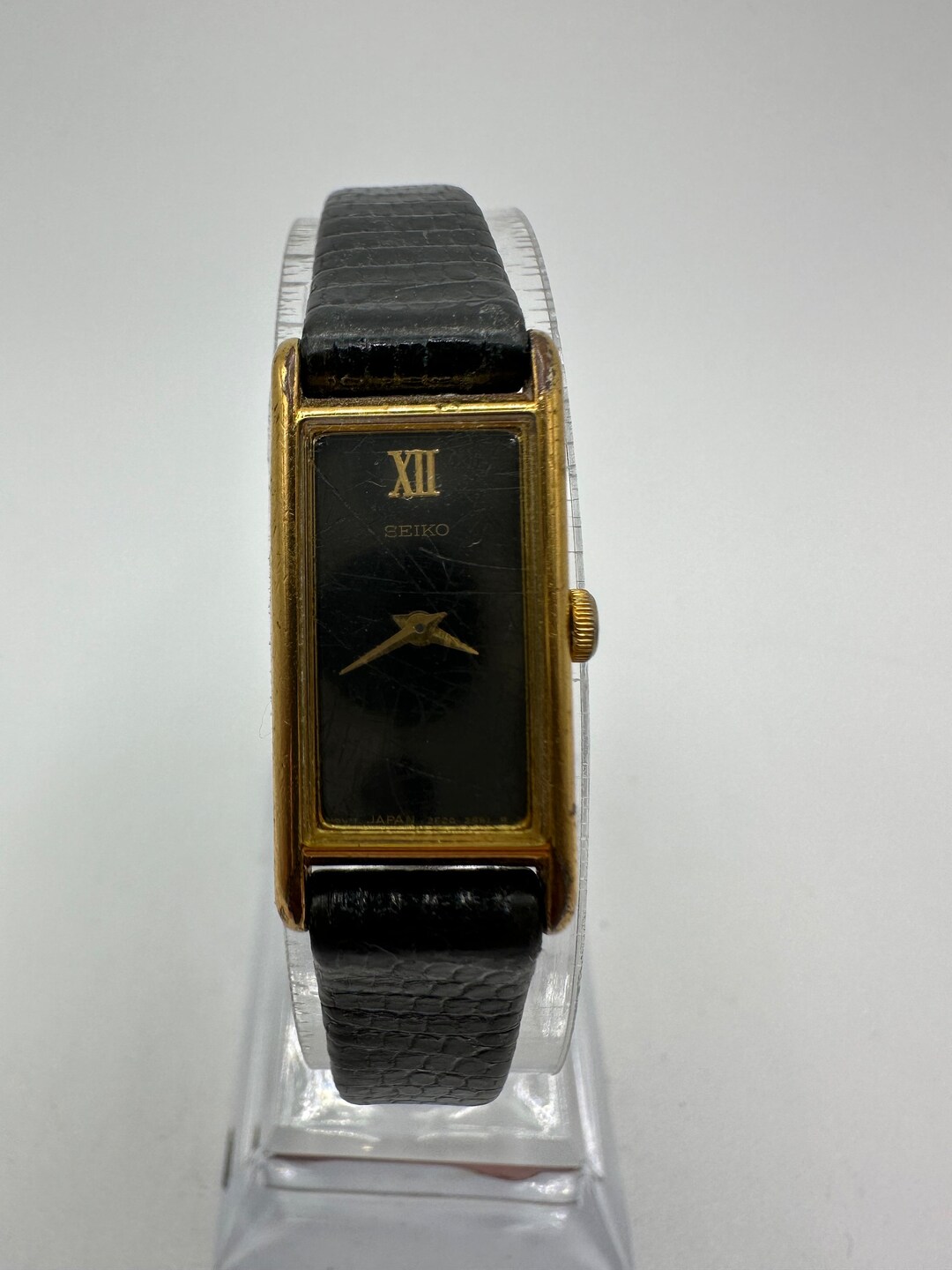 Vintage Seiko 2E20 Gold Tone Tank Watch Hirsch Leather Band Square Rectangle Dress Gift Her ...