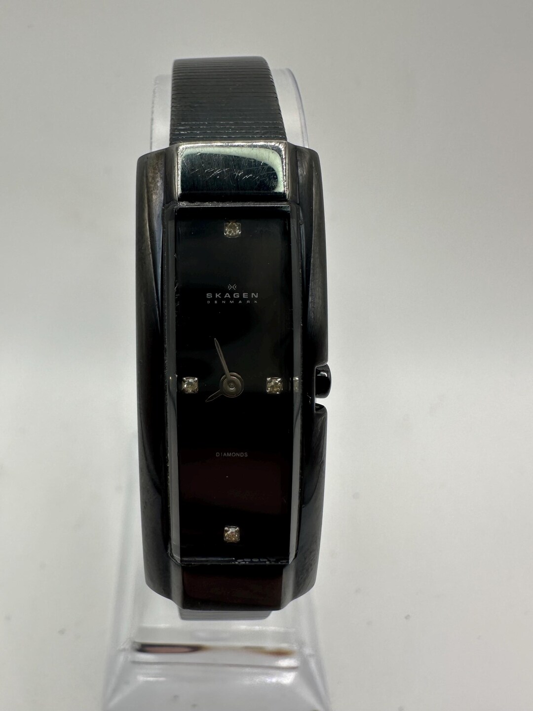 Vintage Skagen Black Ladies Tank Watch Diamond Gift Her Women Mom Slim ...