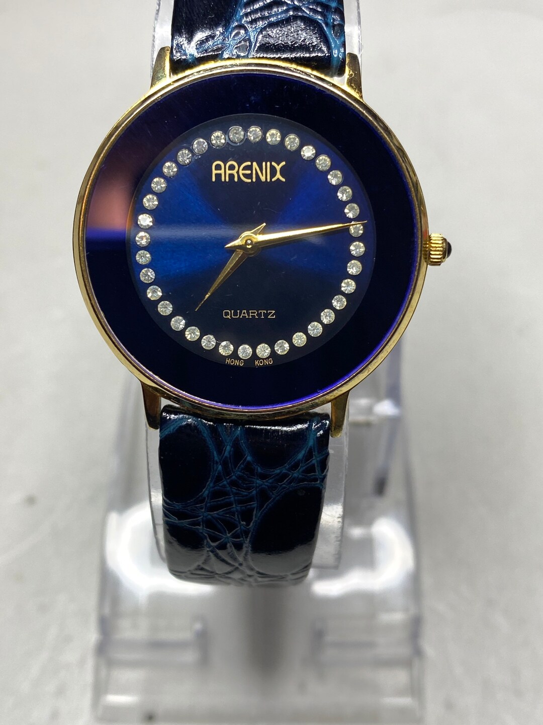 Vintage Arenix 34mm Ladies Quartz Watch Blue and Gold Tone Leather ...