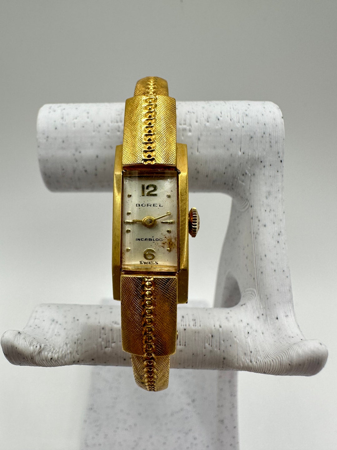 Vintage Borel Ladies Gold Tone Mechanical Wind Cuff Bangle Watch Square ...