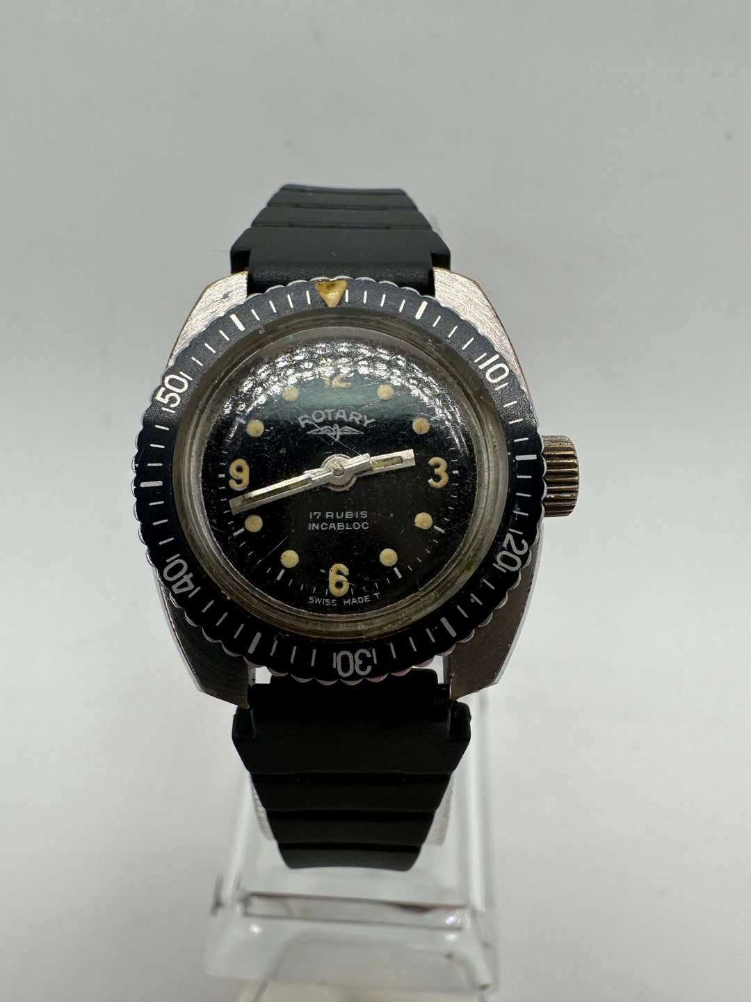 Vintage Rotary Ladies Mechanical Wind Dive Watch Rotating Bezel Silver ...