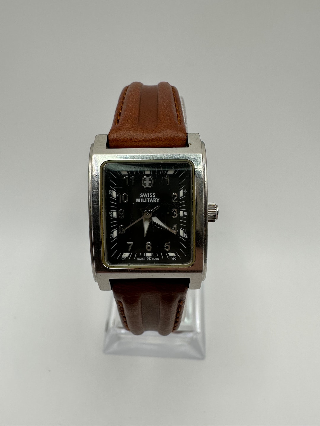 Vintage Swiss Military Ladies 22mm Silver Tank Watch Italian Leather ...