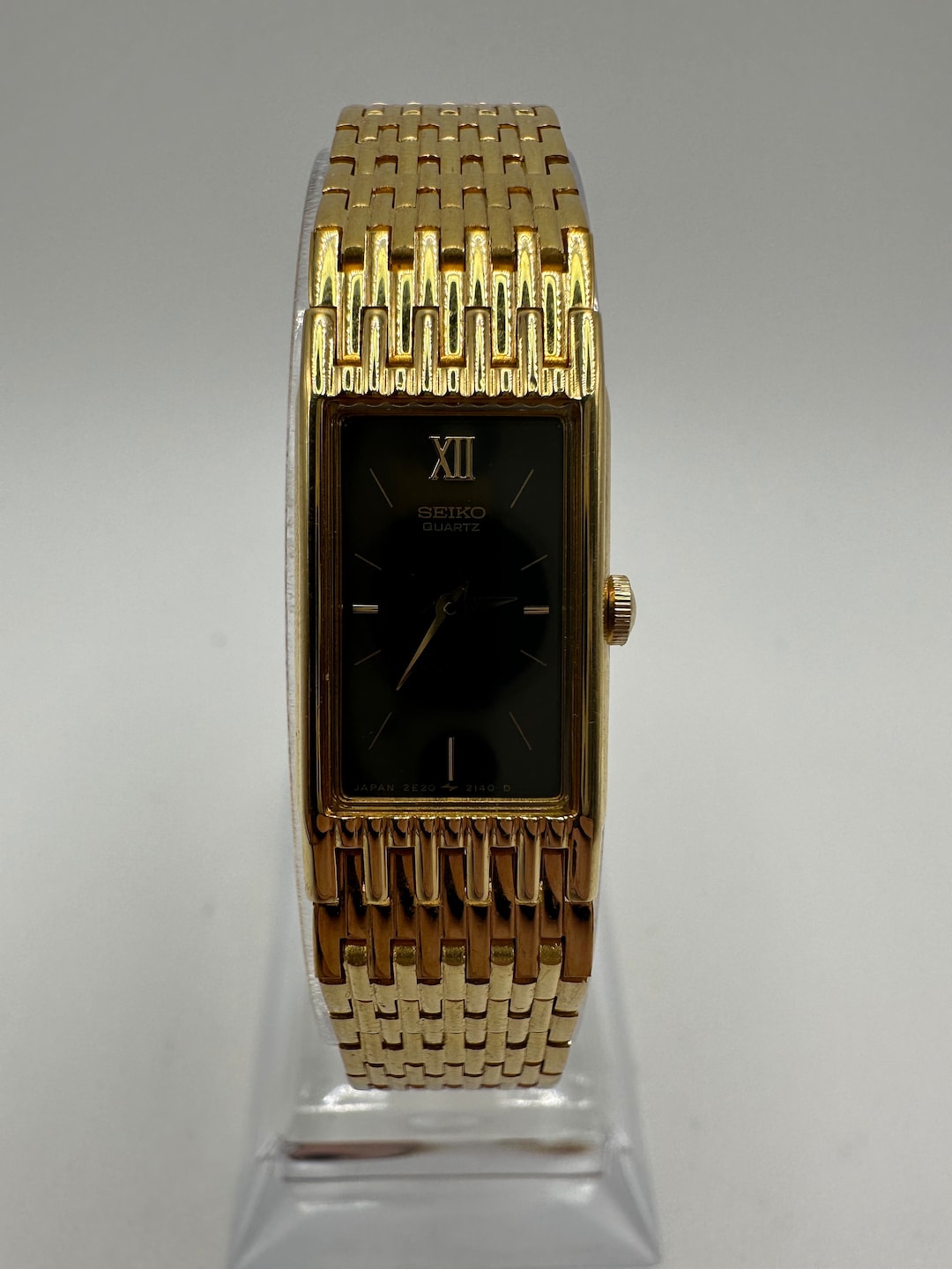 Vintage Seiko 2E20 Gold Tone Ladies Tank Watch Rectangle Black Face Gift Her Women Dress Small ...
