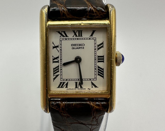 Seiko RARE 1400-5039 Ladies Vintage Tank Watch Gold Tone White Face Roman Numerals Square Retro ...