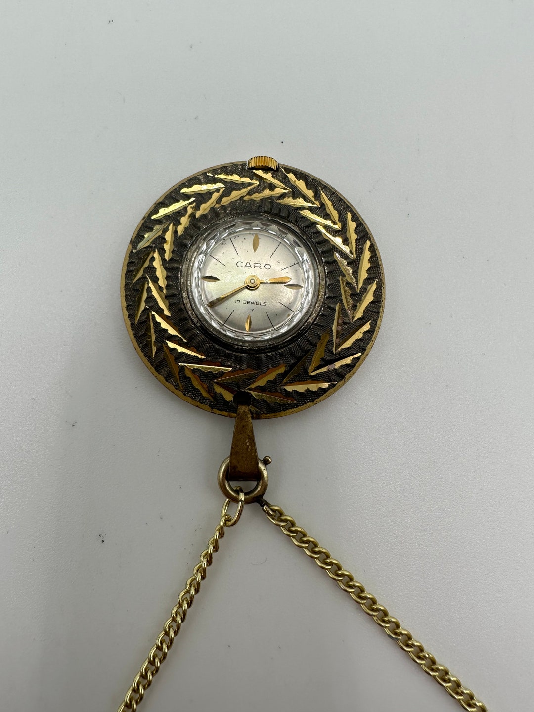 Vintage Pendant Watch Ladies Caro 17 Jewel Swiss Gold Tone Faceted ...