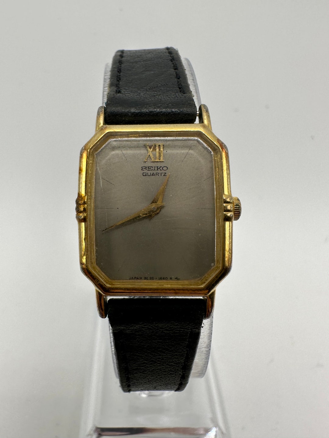 Vintage Seiko 2C20 Ladies Gold Tone Tank Watch Black Leather Gift Her Women Mom Sale Small ...