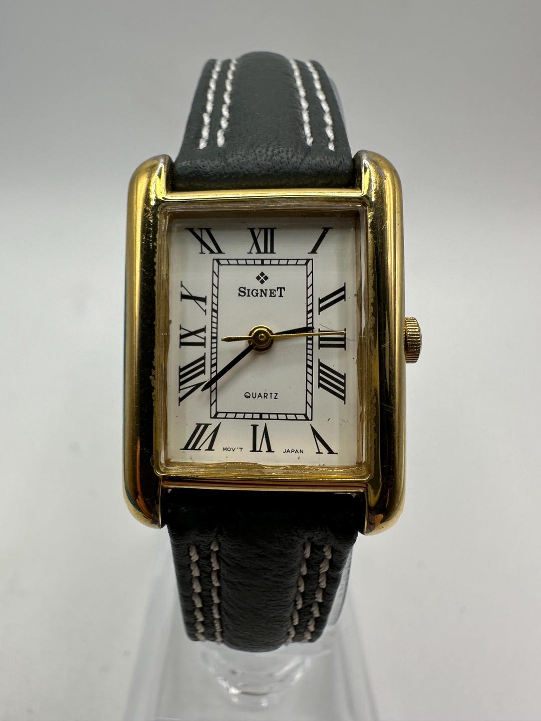 Vintage Signet Ladies Gold Tone Tank Watch Roman Numerals Grey Leather ...