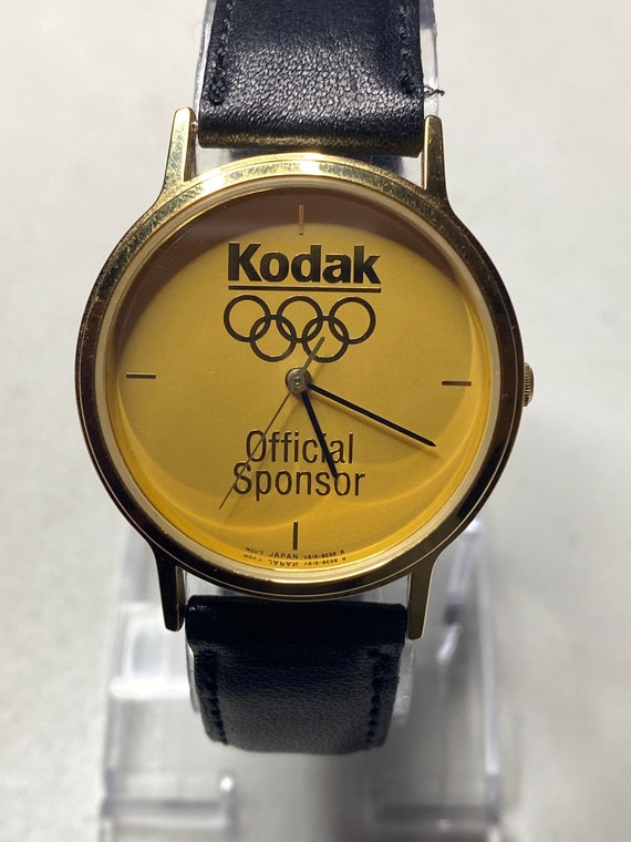 KODAK Olympic Quartz Watch/Black Leather Band/Gold Pl… - Gem
