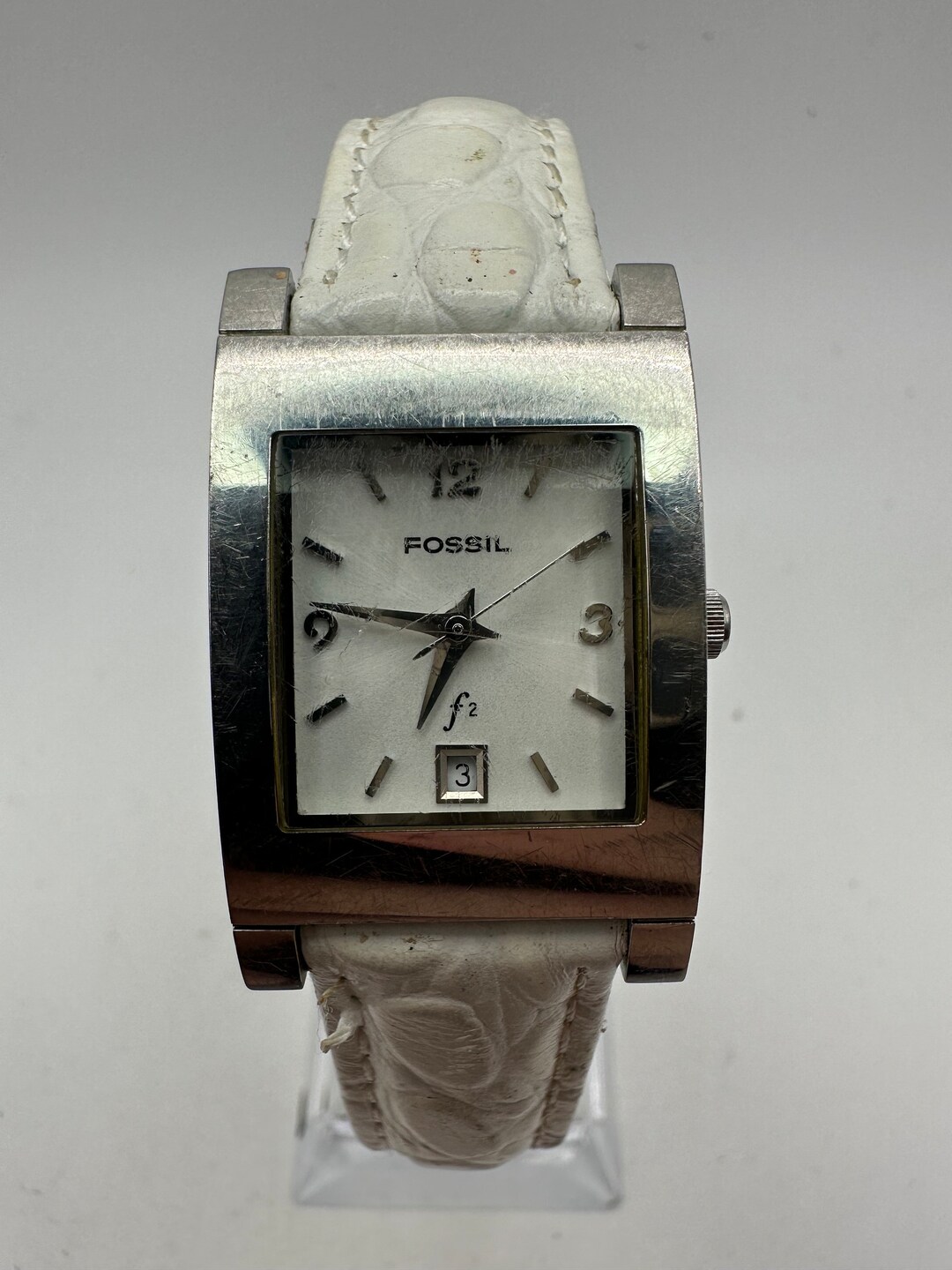 Vintage Fossil F2 Ladies Silver Tank Watch White Leather Strap Date ...