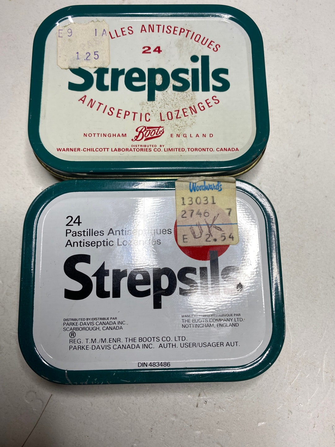 Vintage Set of Two Strepsils Pill Tins Green and White Antique Gift Him ...