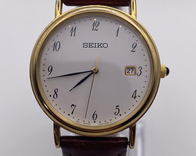 Vintage Seiko 36mm Quartz Dress Watch Gold Tone White Face Brown Leather Strap Gift Him Her Men ...