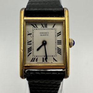 Vintage Seiko RARE 1400 Tank Watch Gold Tone Leather Strap White Face Roman Numerals Gift Her ...