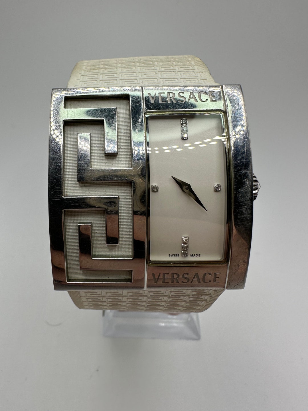Vintage Versace Ladies Square White Leather Cuff Watch Swiss Made ...