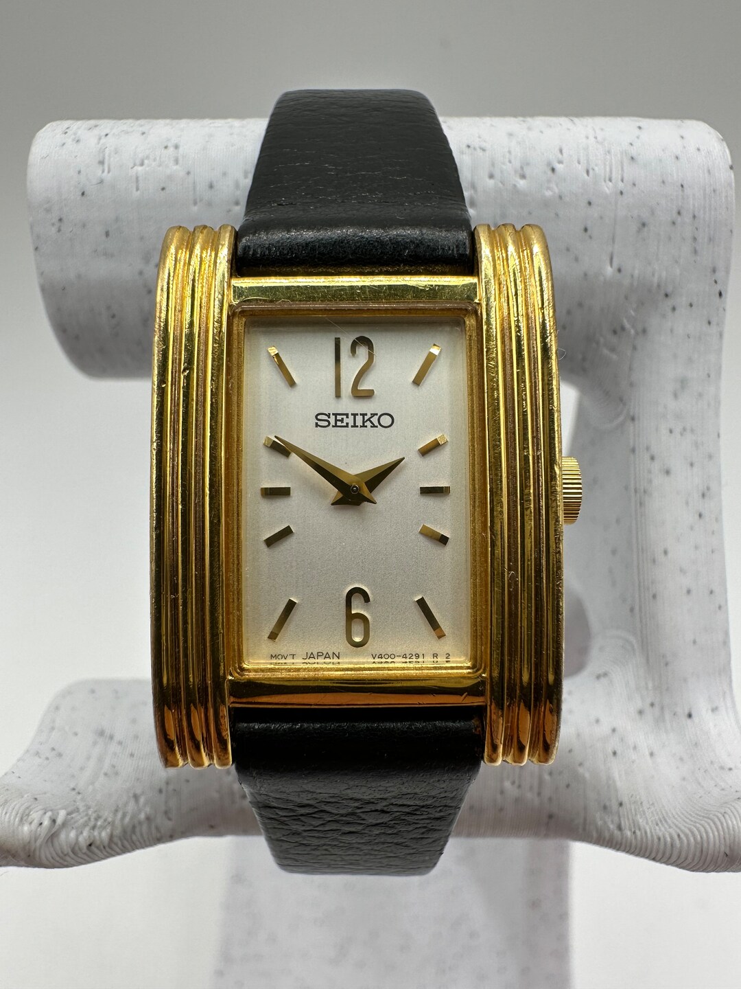 Vintage Seiko RARE Ladies Quartz Gold Tone Tank Watch White Face Leather Strap Gift Her Women ...