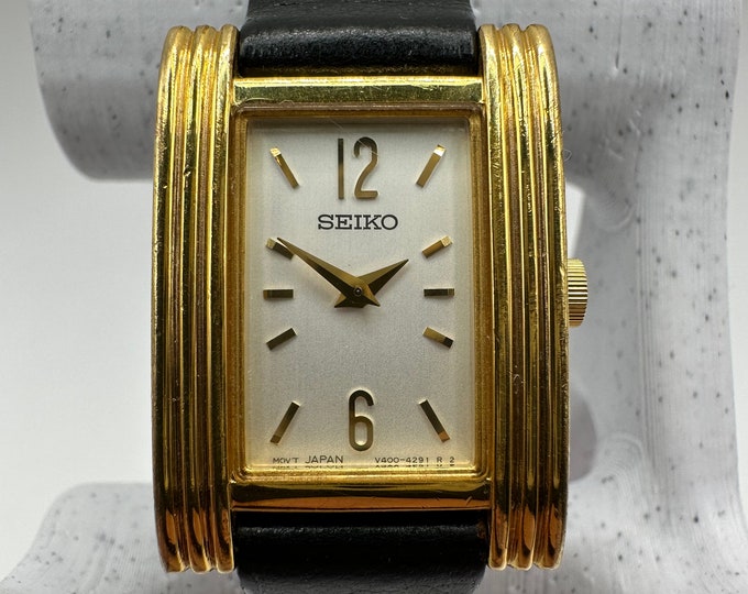 Vintage Seiko RARE Ladies Quartz Gold Tone Tank Watch White Face Leather Strap Gift Her Women ...