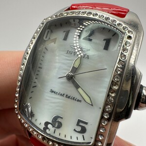 Vintage Invicta Lupah Silver Tank Watch Mother of Pearl Mop Dial Red ...