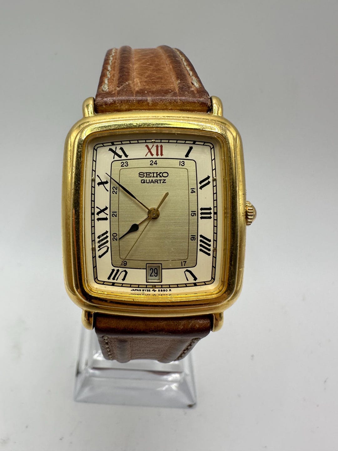 RARE Seiko 5y32 Vintage Unisex Gold Tone Tank Watch Roman Numerals Gift Her Ladies Women Mom ...