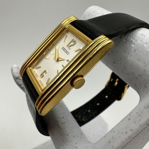 Vintage Seiko RARE Ladies Quartz Gold Tone Tank Watch White Face Leather Strap Gift Her Women ...