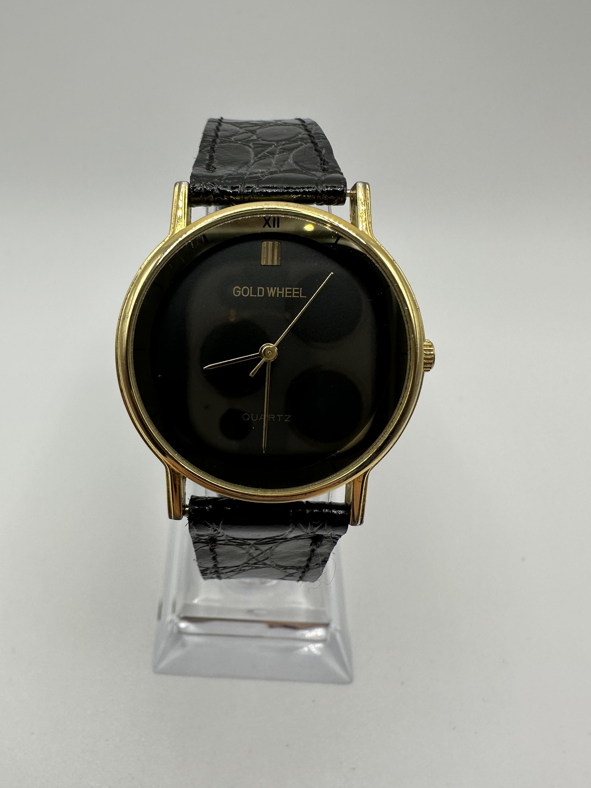 Vintage gold wheel ladies 34mm dress Quartz Watch leather strap gift her women retro dress