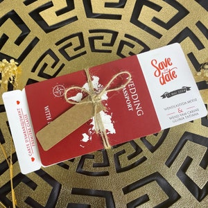 Red Destination Wedding Card, Boarding Pass Invitation, Passport Style ...