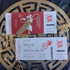 Red Destination Wedding Card, Boarding Pass Invitation, Passport Style ...