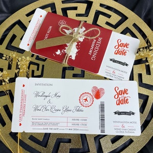 Red Destination Wedding Card, Boarding Pass Invitation, Passport Style ...