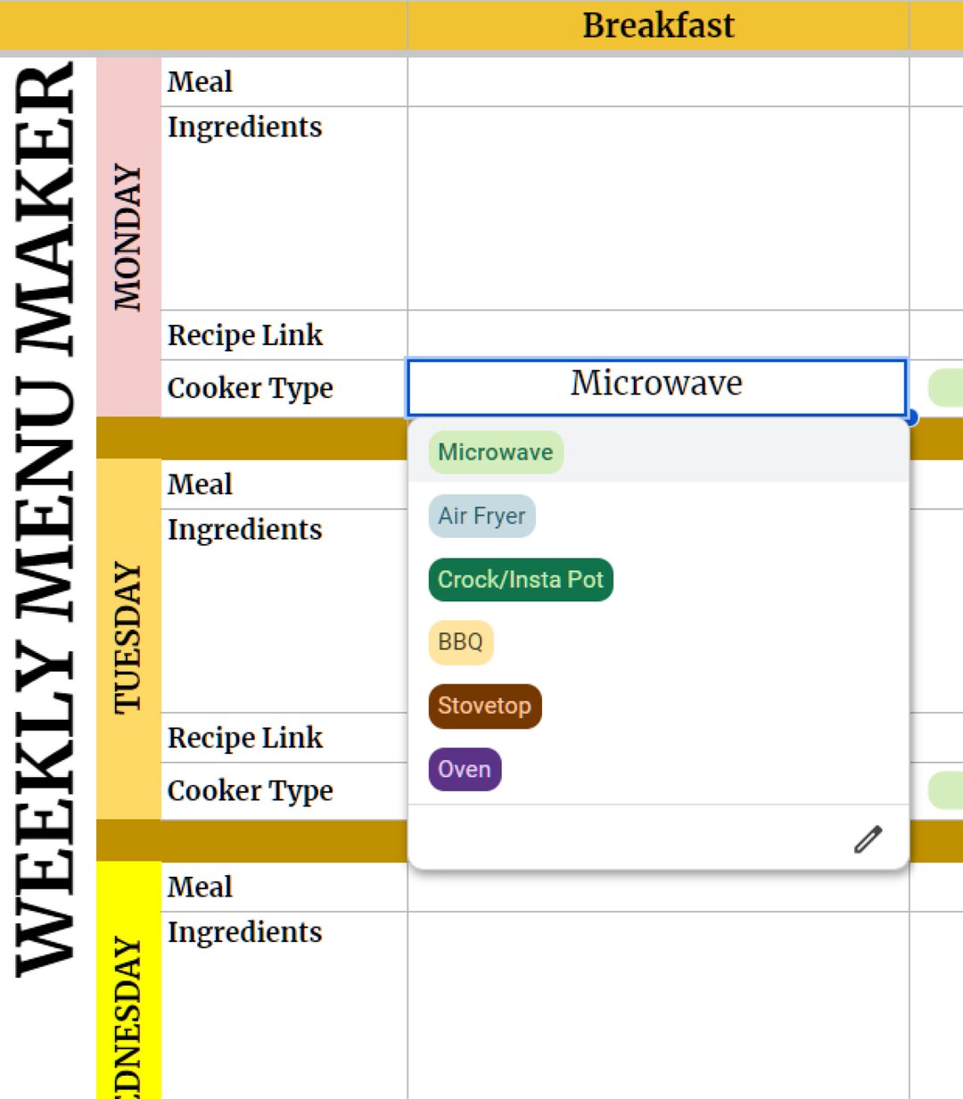 Weekly Menu Planner (google Sheet Template) - Etsy