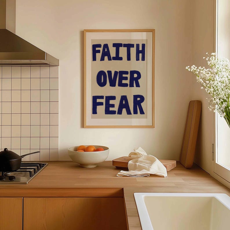 Faith Over Fear Blue Jesus Art Print Retro Christian Poster Trendy ...