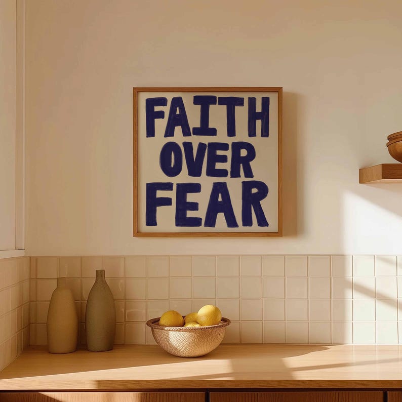 Faith Over Fear Blue Jesus Art Print Retro Christian Poster Trendy ...