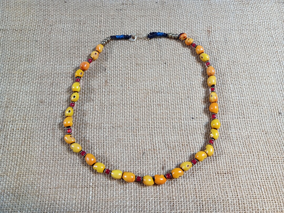 Yellow Mescal Bean Mission Necklace With Brass and Red Glass Beads. - Etsy