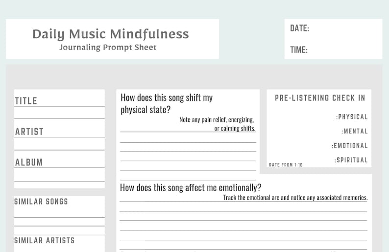 Music Therapy Journaling Prompt Sheet - Etsy