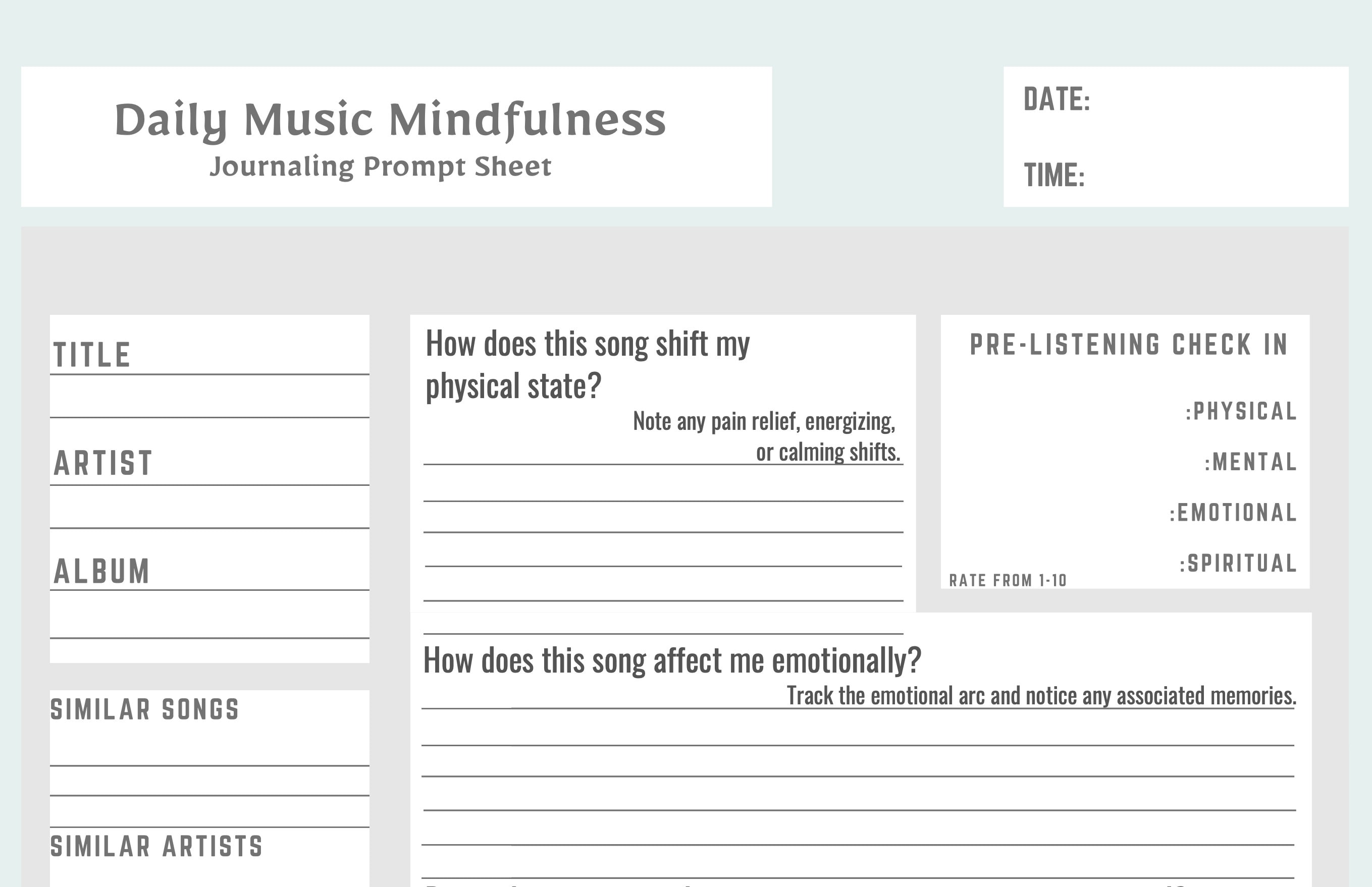 Music Therapy Journaling Prompt Sheet - Etsy