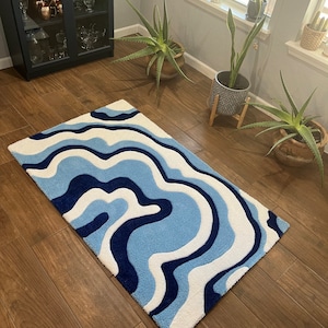 Blue and White Wave Rug, Customizable Wavy Tufted Rug, Area Rug - Etsy