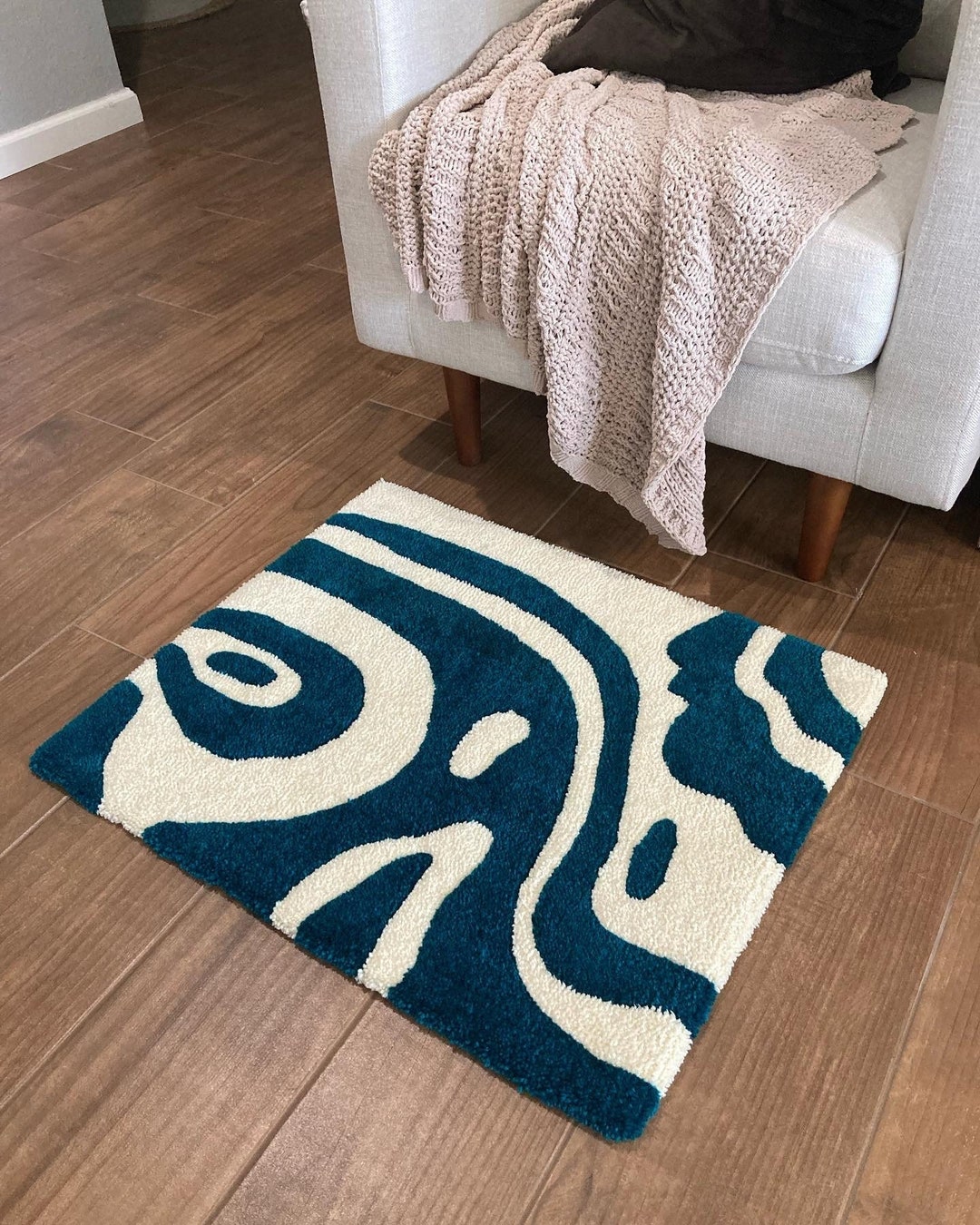 Handmade Off-white and Teal Swirl Rug Elegant Area Rug With Unique ...